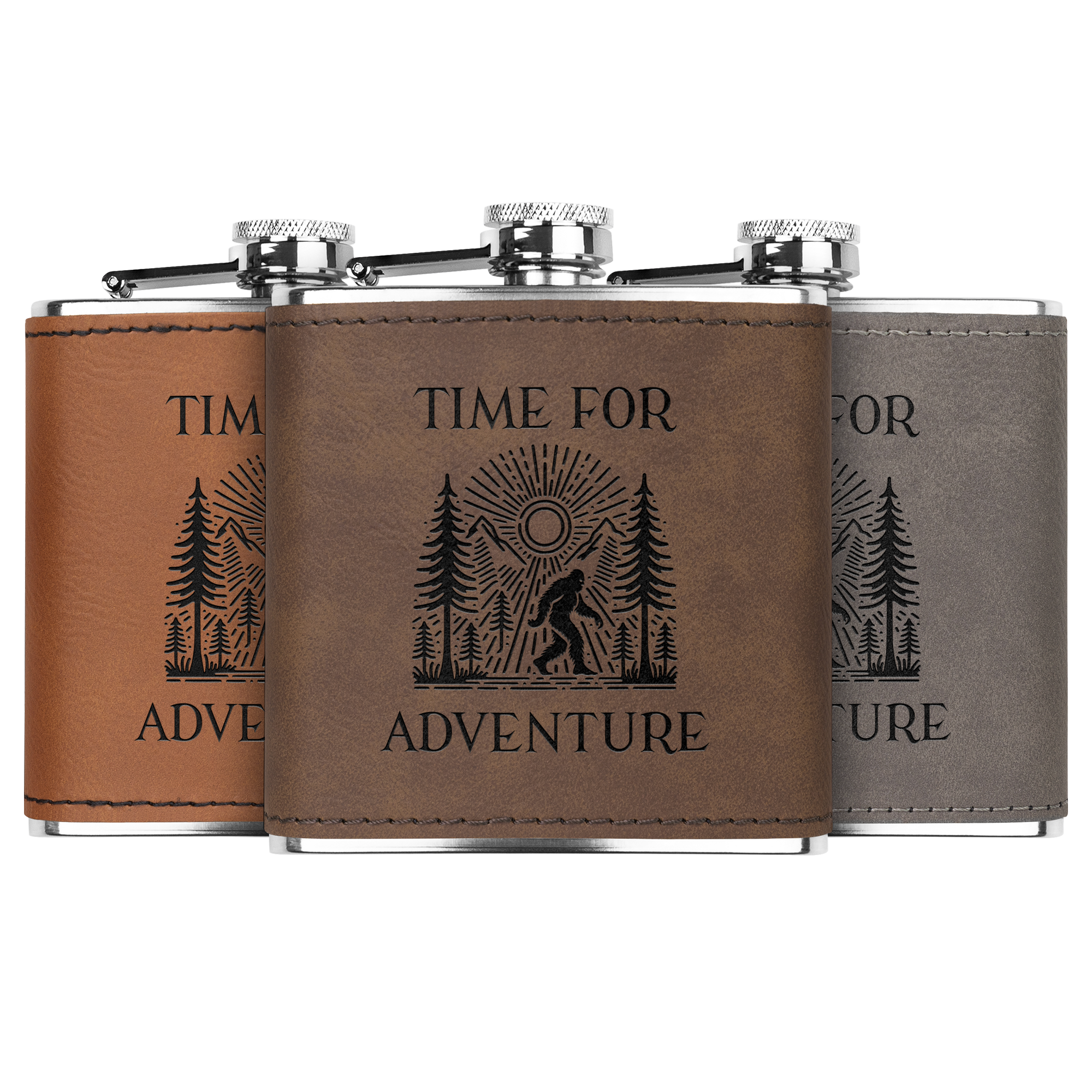 Time for Adventure – Engraved Leather Flask with Bigfoot & Forest Desi